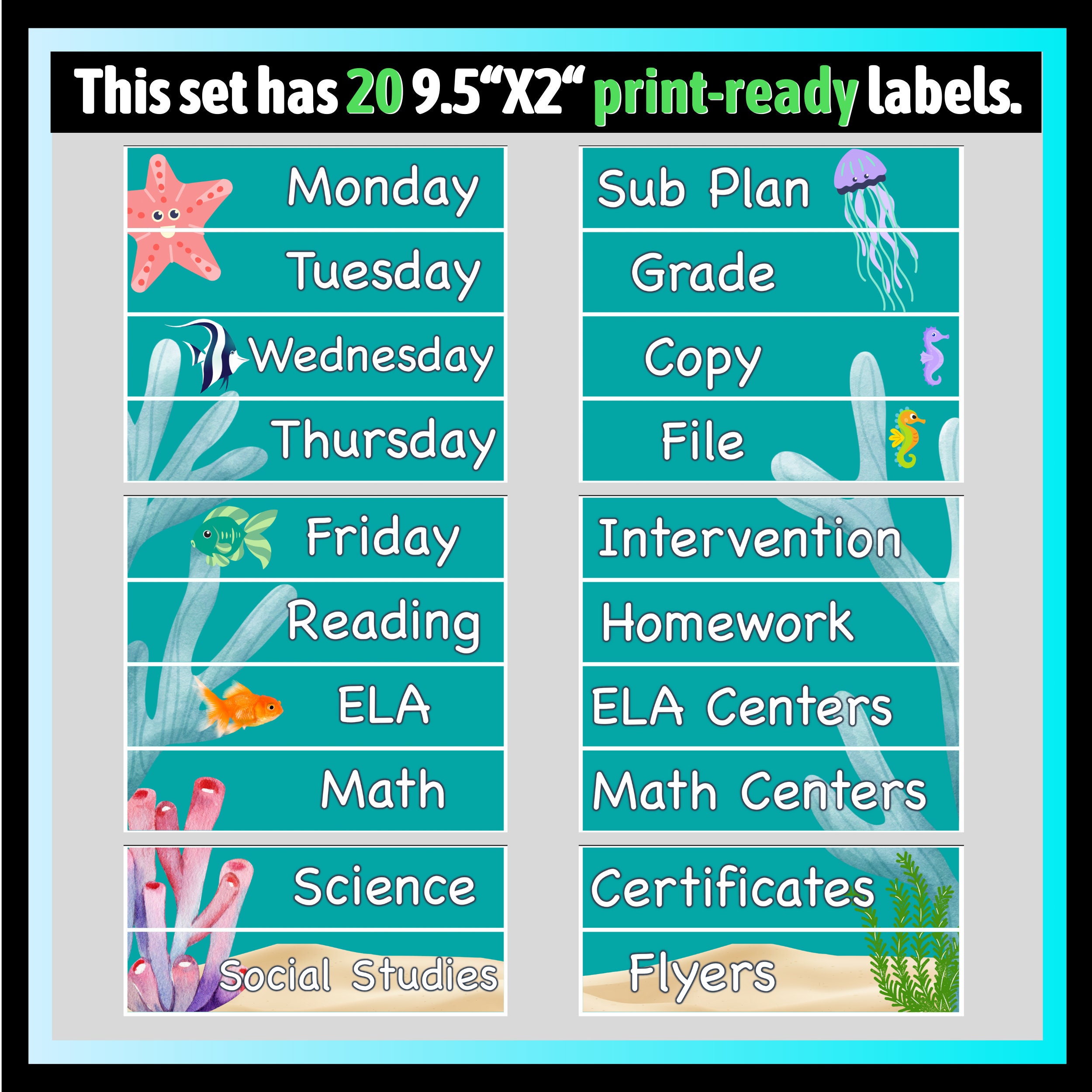 New Ocean Themed 10 Drawer Cart Labels | Print-ready and Editable ...