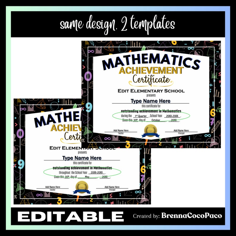New Editable Mathematics Achievement Certificate | Math Certificate ...