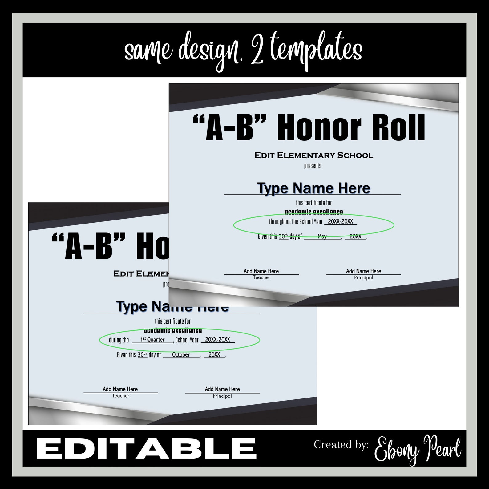 New! Editable "a-b" Honor Roll Certificate #1 | Each Quarter, Semester ...