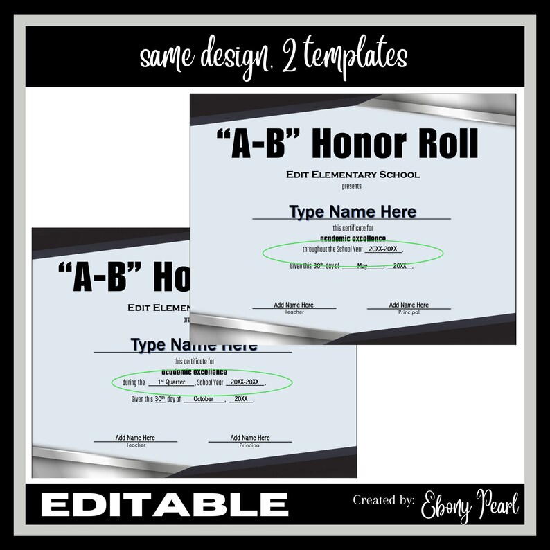 New! Editable "a-b" Honor Roll Certificate #1 | Each Quarter, Semester ...