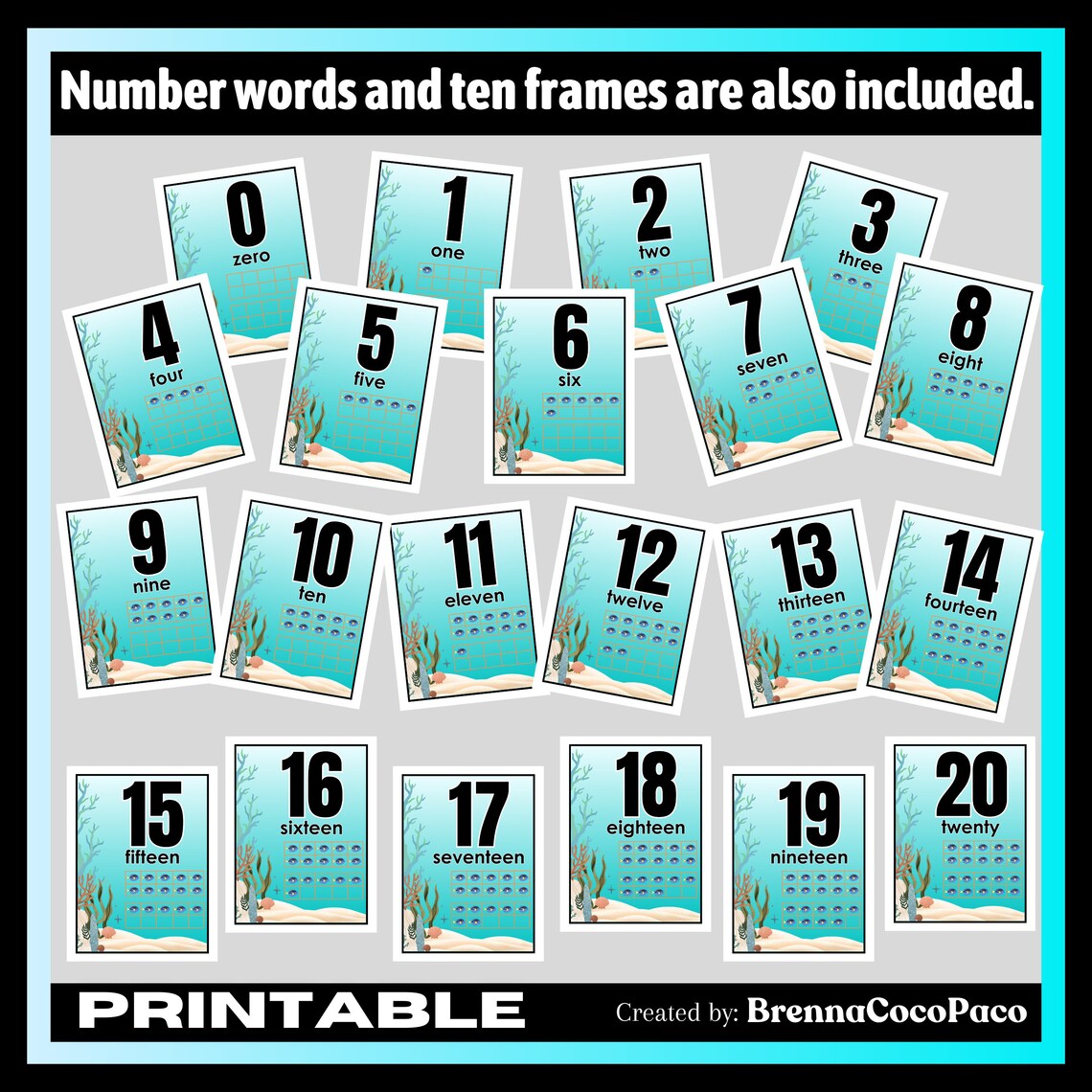 New Ocean Themed 0-20 Number Posters With Number Words and Tens Frames ...
