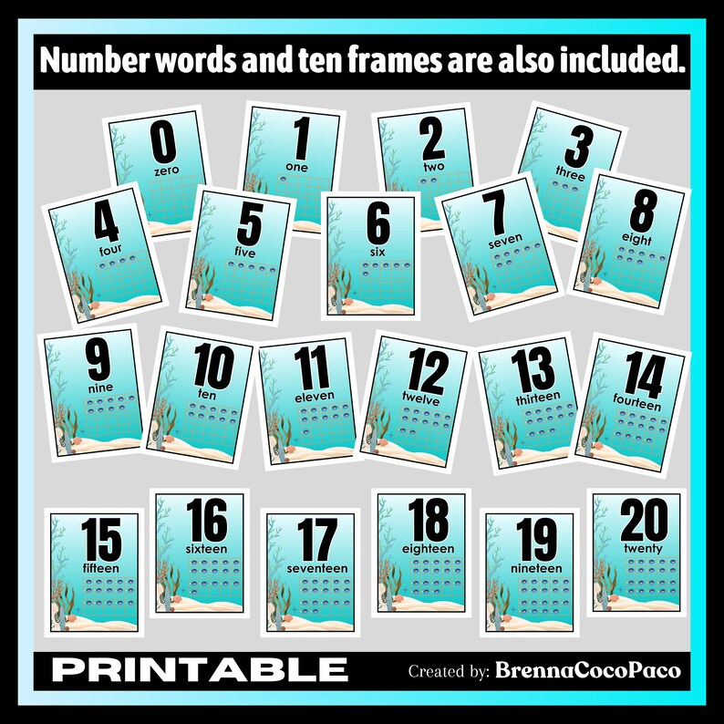 New Ocean Themed 0-20 Number Posters With Number Words and Tens Frames ...