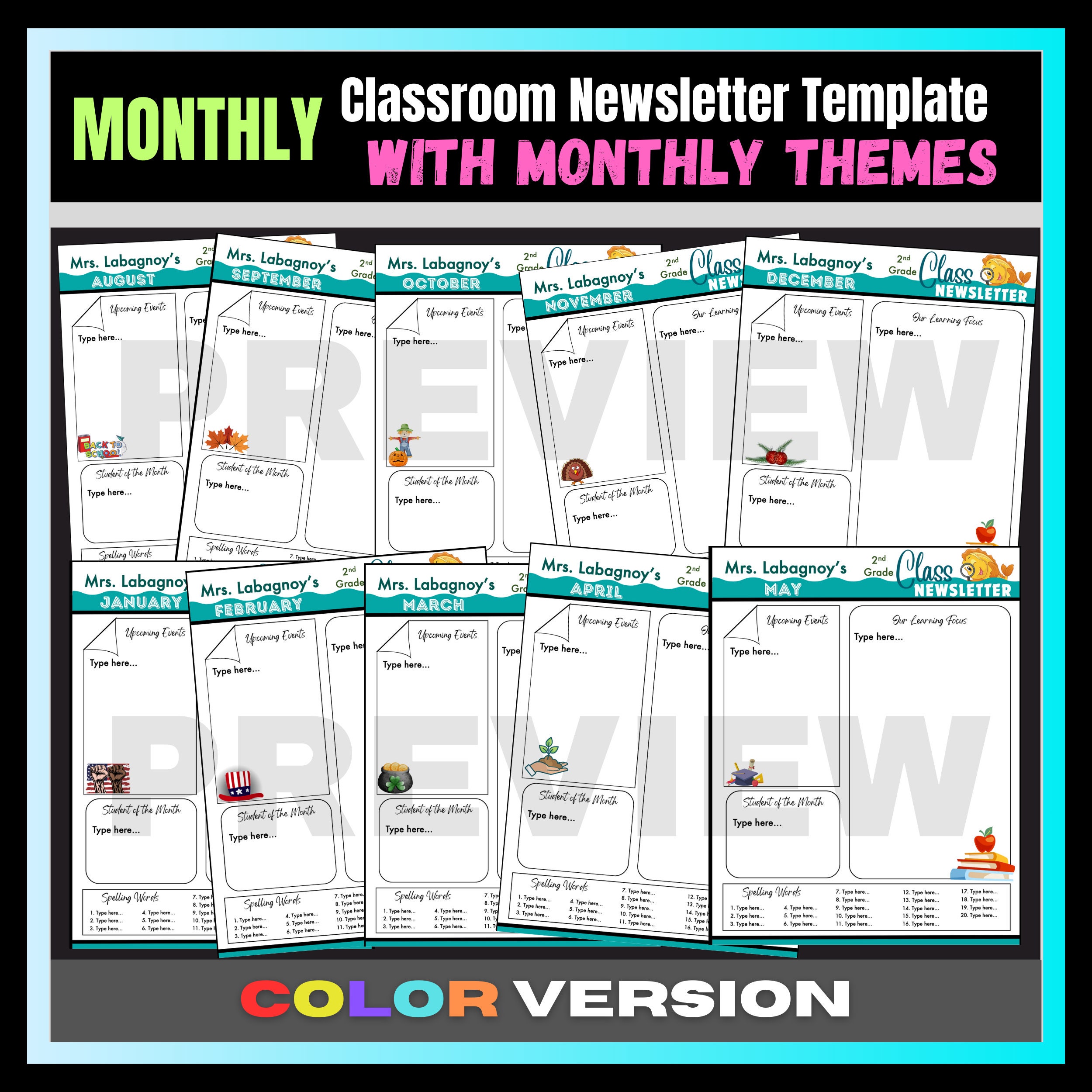 Ocean Theme Class Newsletter Template W/ Spelling Words & Student of ...