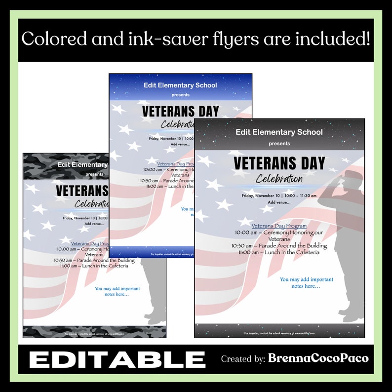 New Editable Veterans Day Celebration Flyer Template #3| Unique School ...