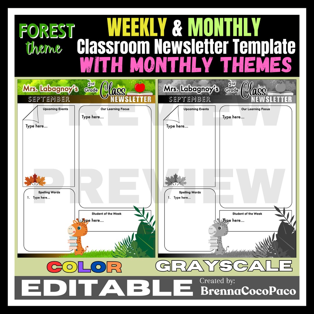 Forest Theme Class Newsletter Template W/ Spelling Words & Student of ...