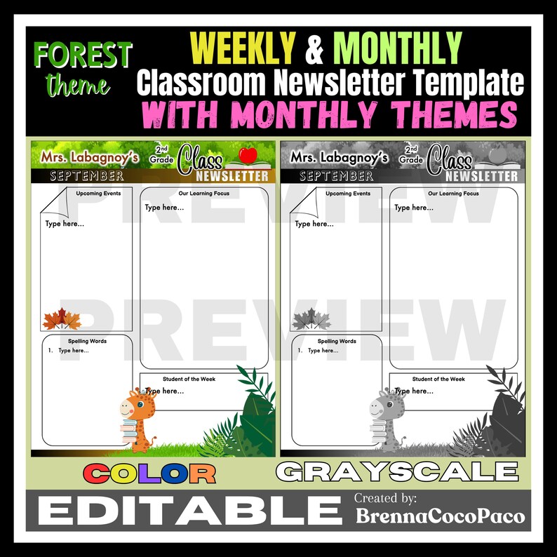 Forest Theme Class Newsletter Template W/ Spelling Words & Student of ...