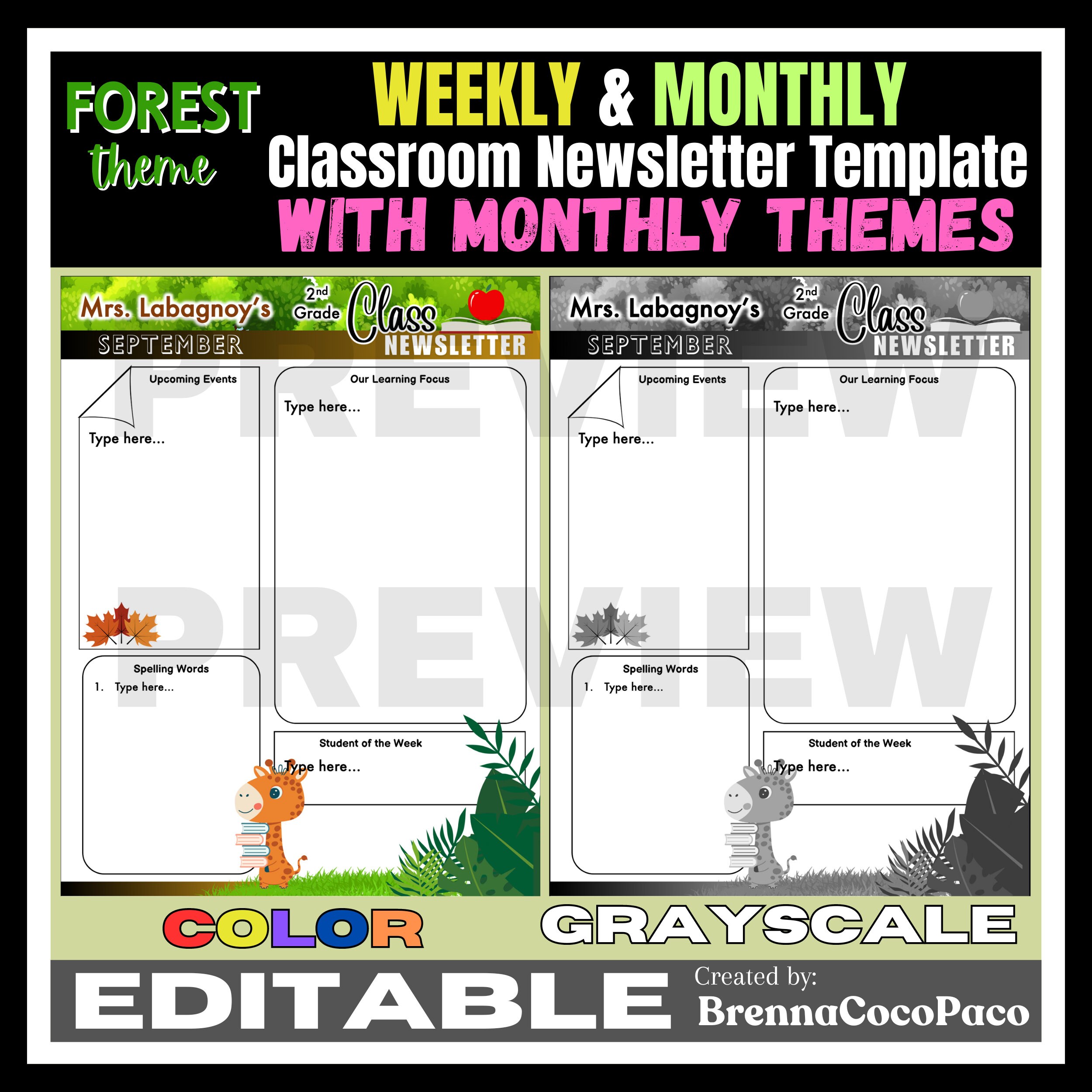 Forest Theme Class Newsletter Template W/ Spelling Words & Student of ...