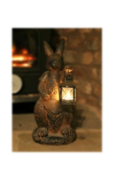 Large Rabbit Garden Ornament With Tea Light Holder Rust Iron Effect ...