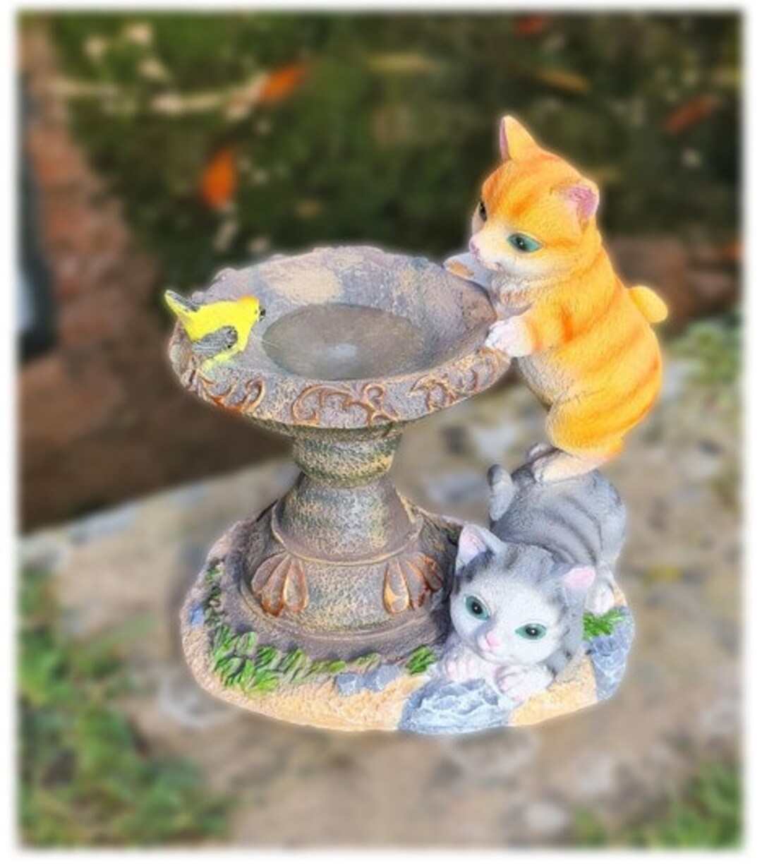 Solar Powered Cat With Bird Bath Garden Ornament 21cm Resin Statue ...