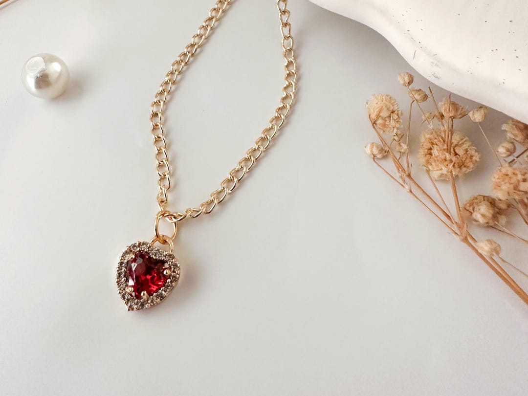 Gold Red Heart Princess Necklace Tiny Ruby Red Royal Pave Heart Pendant ...