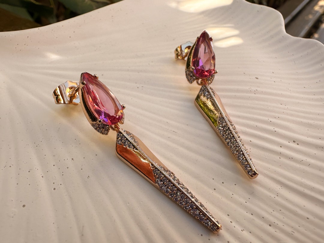 Rose Gold Spike Earring Feminine Pastel Statement Earring Pink Crystal ...