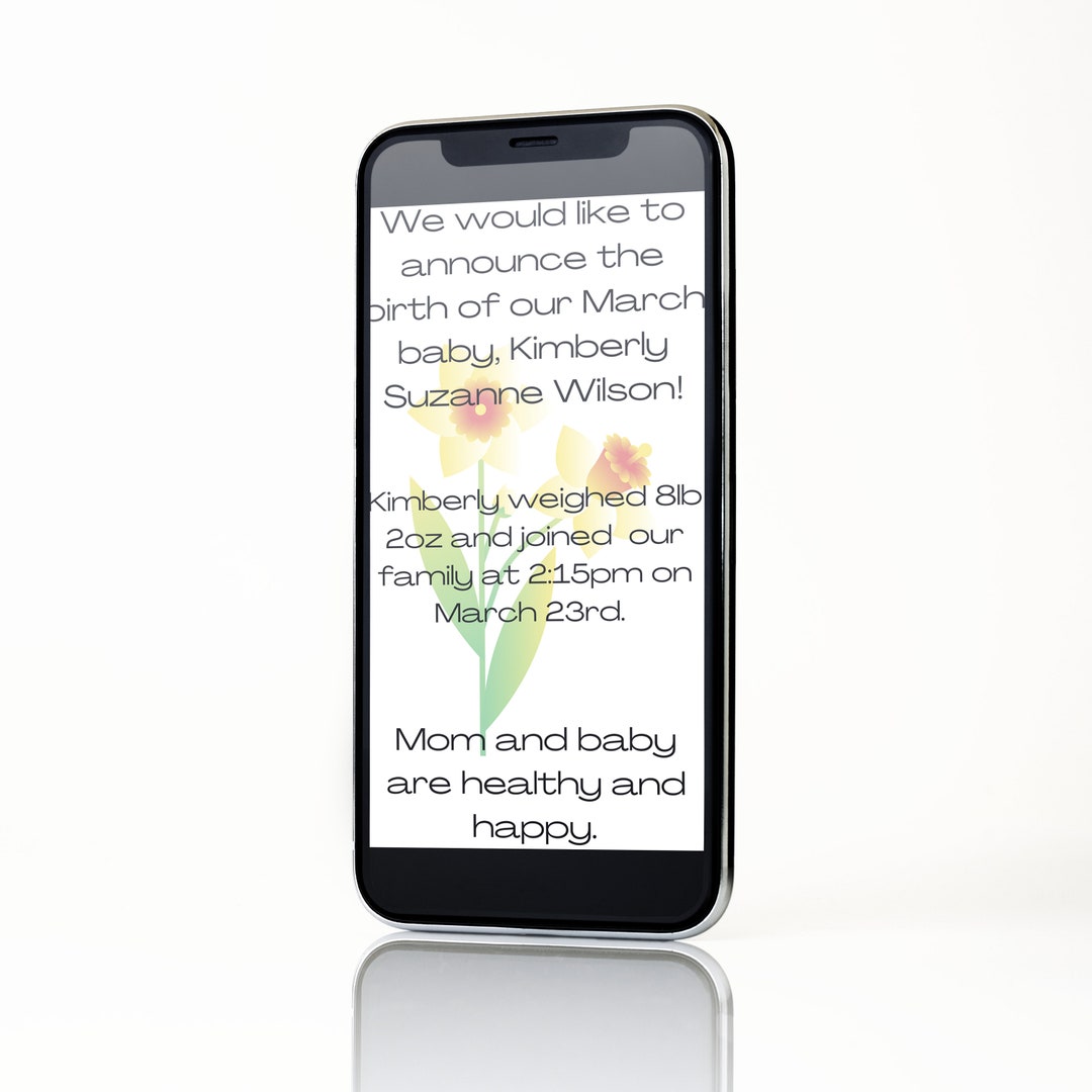 March Baby Announcement, Birth Announcement, Digital Invite, Phone ...