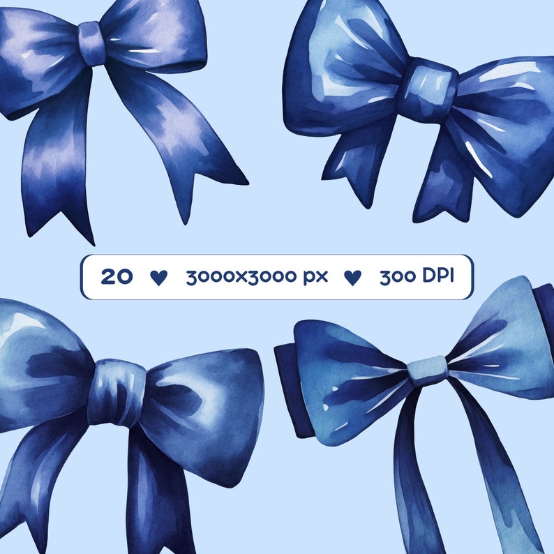 Watercolor Blue Bows Set, Clipart Bow Collection Ribbon Bow Clip Art ...