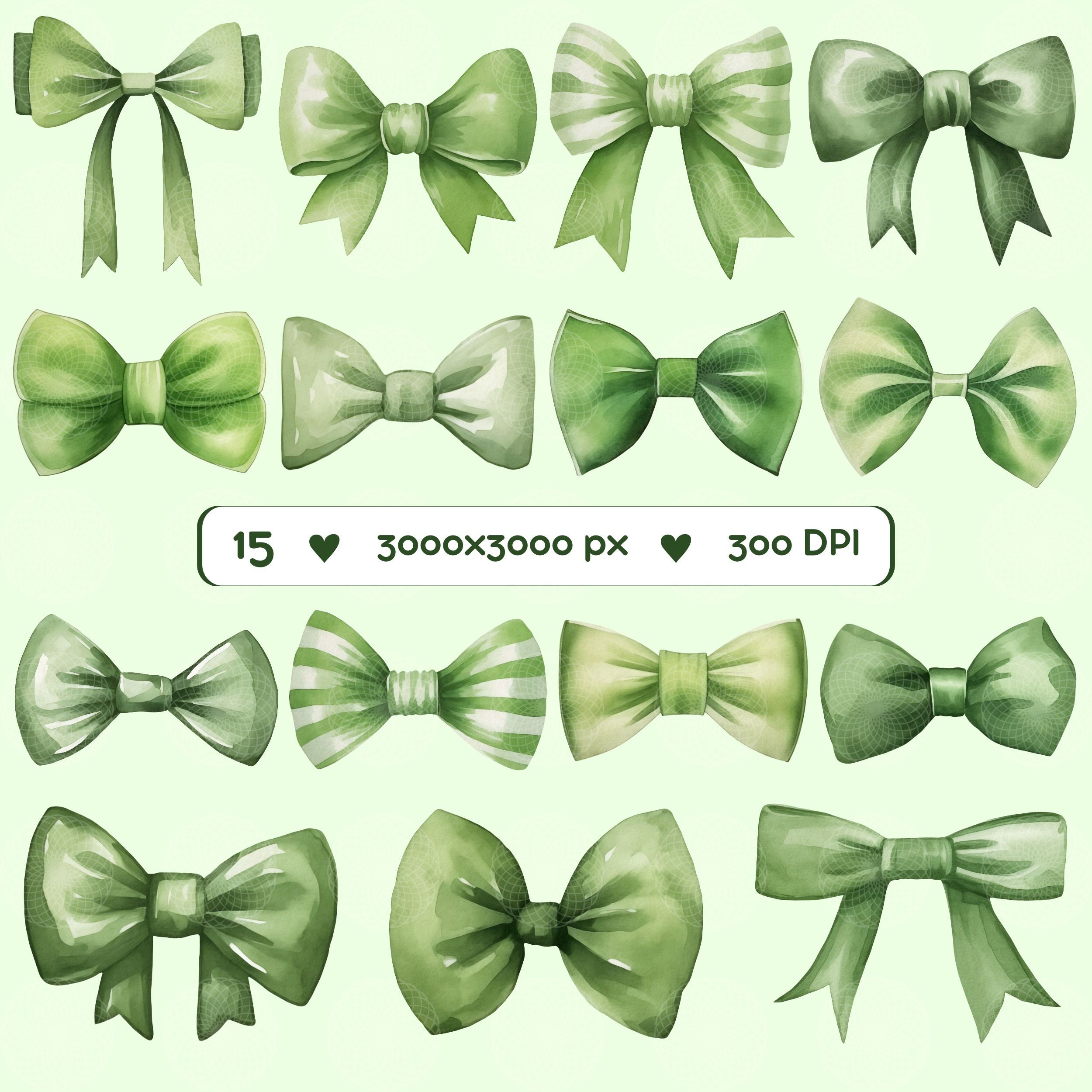Watercolor Green Bows Set, Clipart Bow Collection Ribbon Bow Clip Art ...