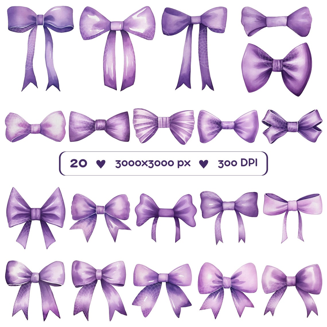 Watercolor Purple Bow Clipart: Ribbon Bow PNG Collection (digital ...