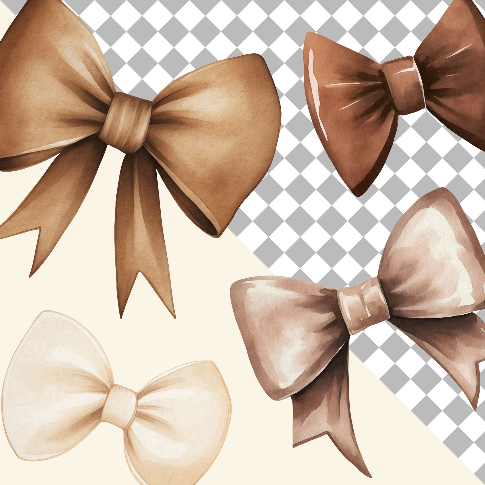 Beige & Brown Bows PNG, Watercolor Ribbon Bow Clipart Set: (digital ...
