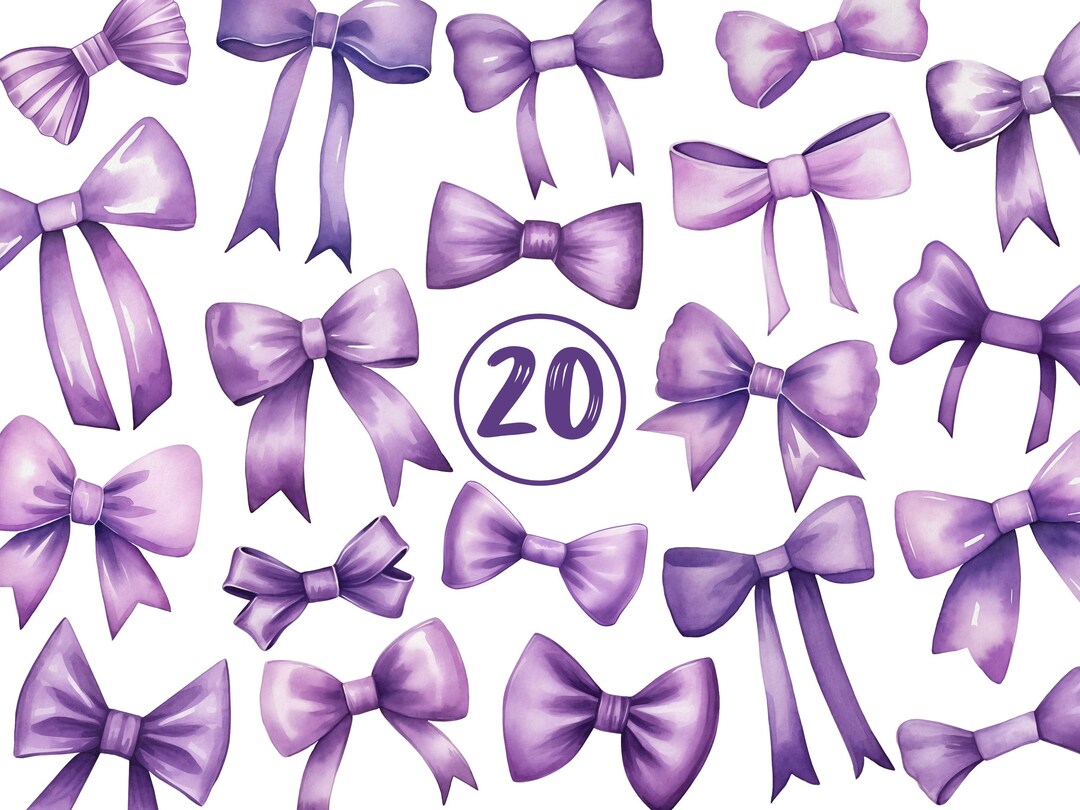 Watercolor Purple Bow Clipart: Ribbon Bow PNG Collection (digital ...