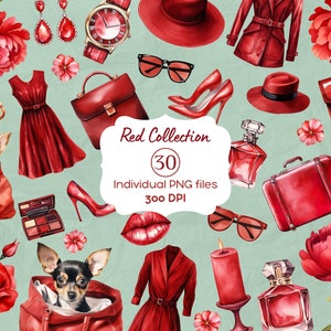 Watercolor Clipart Bundle, Red Peony, Fashion Items Clipart, Watercolor ...