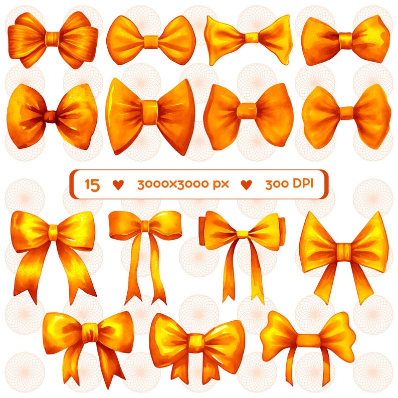 Watercolor Orange Bows PNG Clipart Set: Ribbon Bows, (digital Download ...