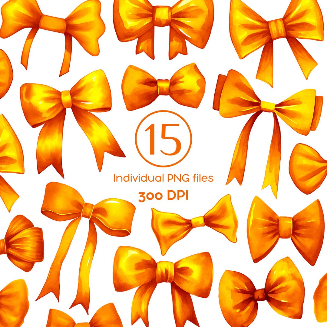 Watercolor Orange Bows PNG Clipart Set: Ribbon Bows, (digital Download ...