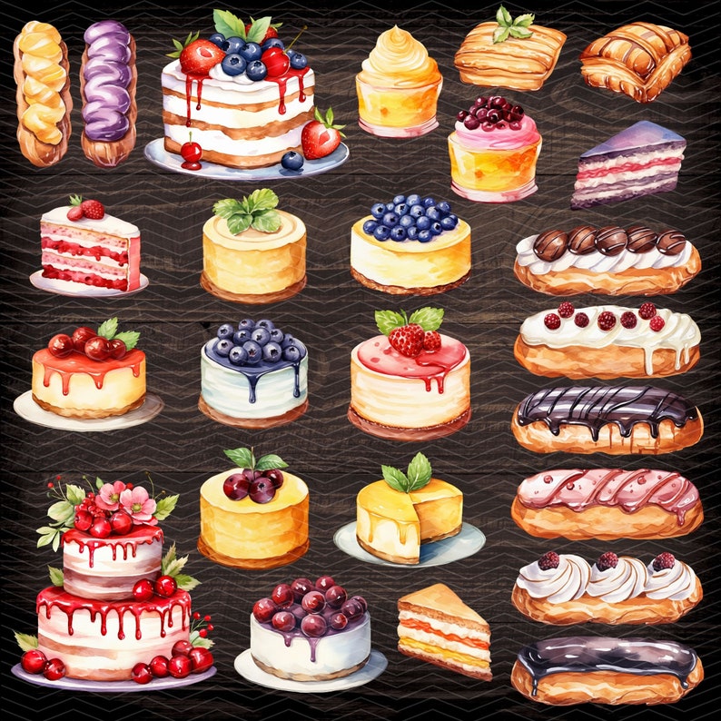 Sweet Desserts Watercolor Clipart Bundle, Watercolor Pastry, Eclair ...