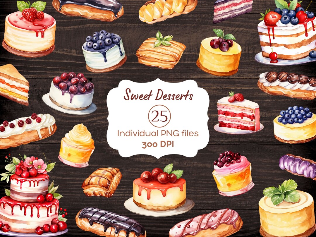 Sweet Desserts Watercolor Clipart Bundle, Watercolor Pastry, Eclair ...