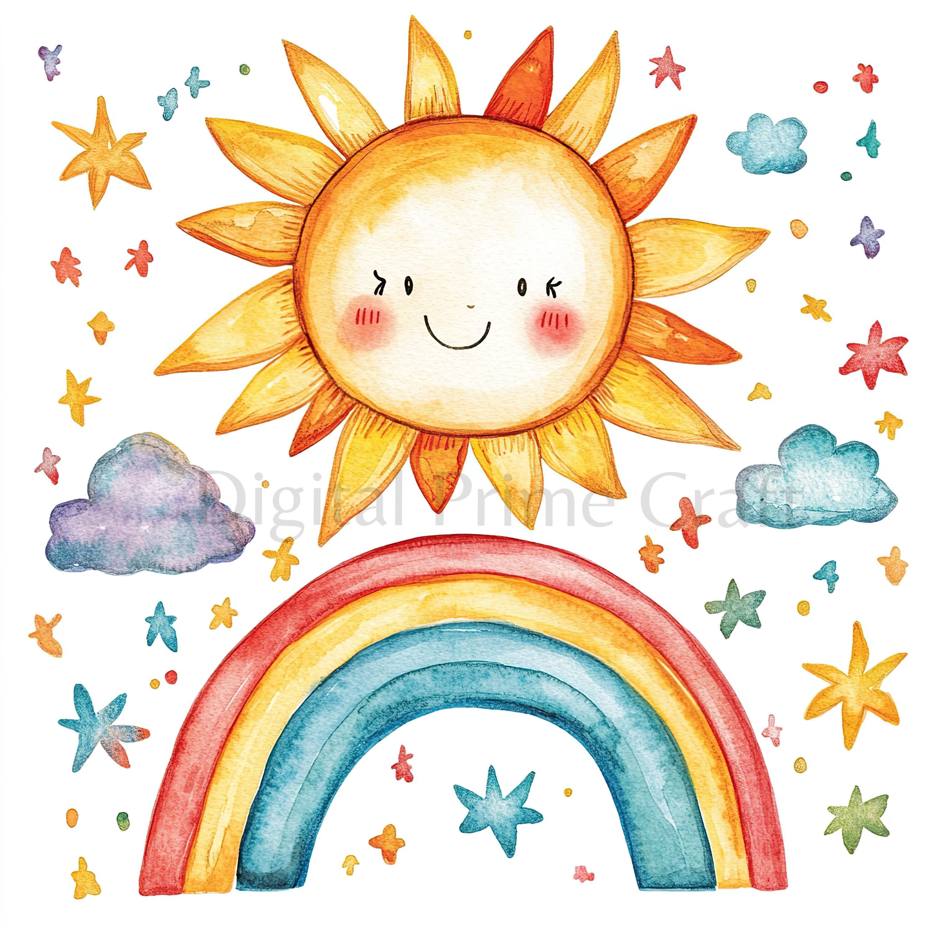 10 Watercolor Sun and Rainbow, Sun Clipart, Nursery Decor, High Quality ...