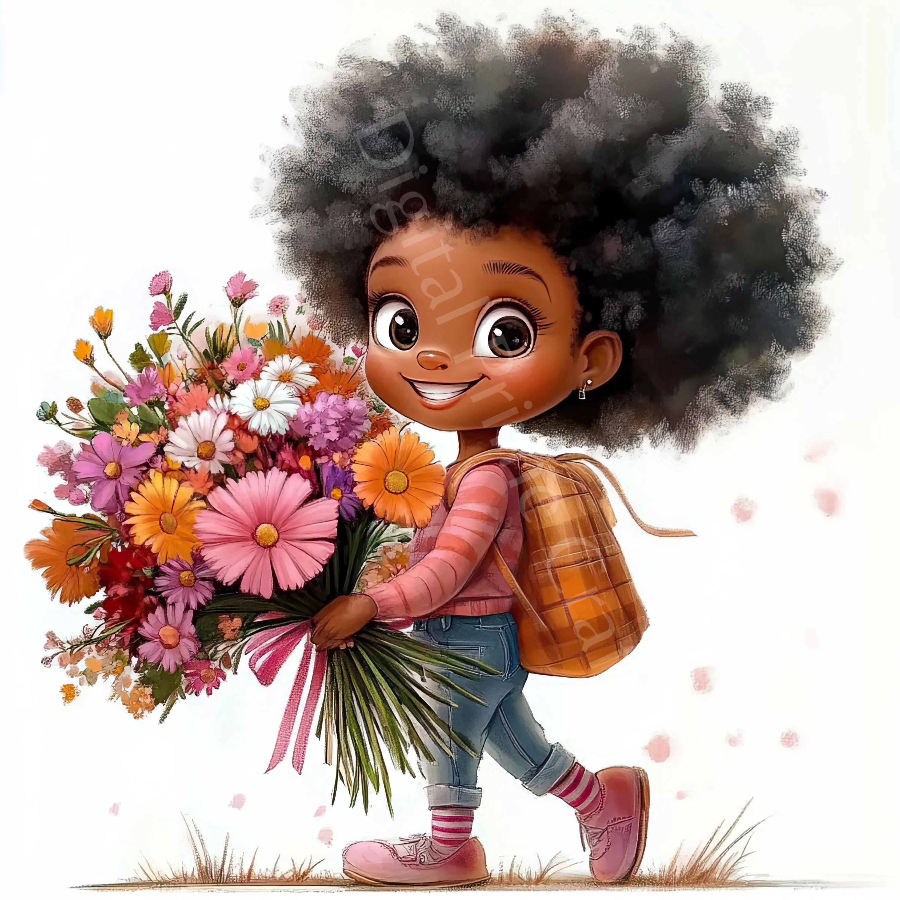 10 Quirky African American Girl With Flowers Clipart, Cute Quirky Girl ...