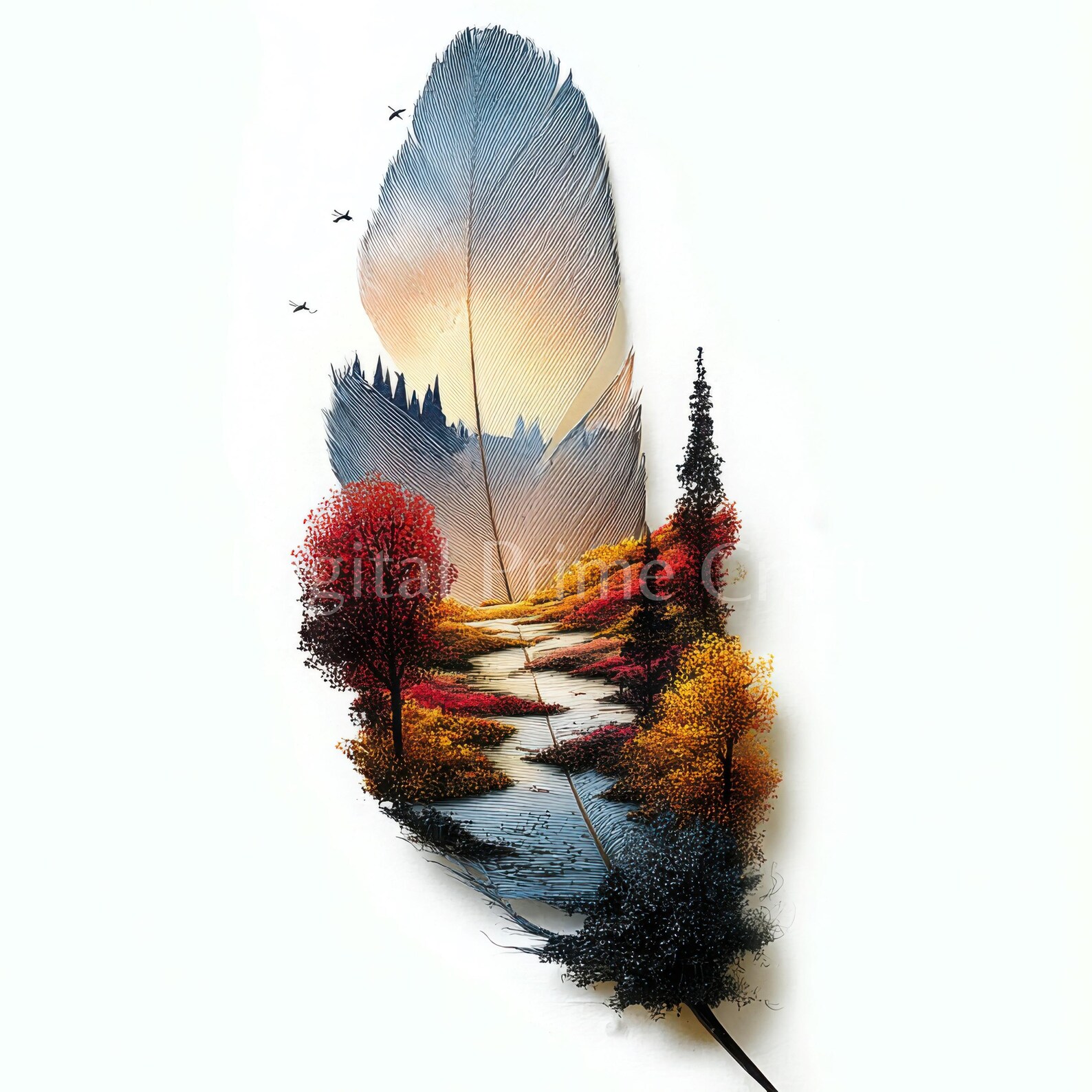 10 Feather Landscape Clipart, Whimsical Feather, Watercolor Clipart ...