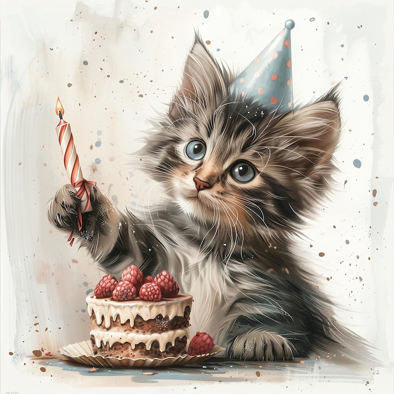 Cat Birthday Clipart, Kitten Birthday, 10 High Quality Jpgs, Watercolor ...