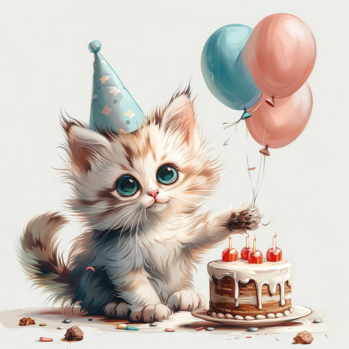 Cat Birthday Clipart, Kitten Birthday, 10 High Quality Jpgs, Watercolor ...