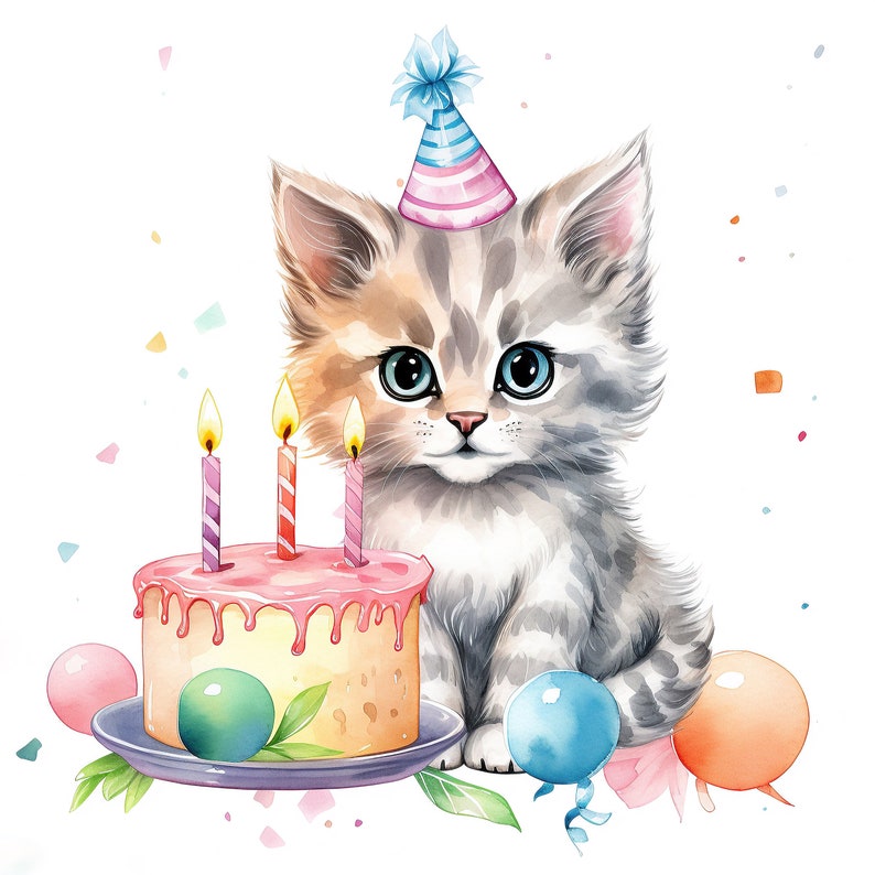 Cat Birthday Clipart, Kitten Birthday, 10 High Quality Jpgs, Watercolor ...