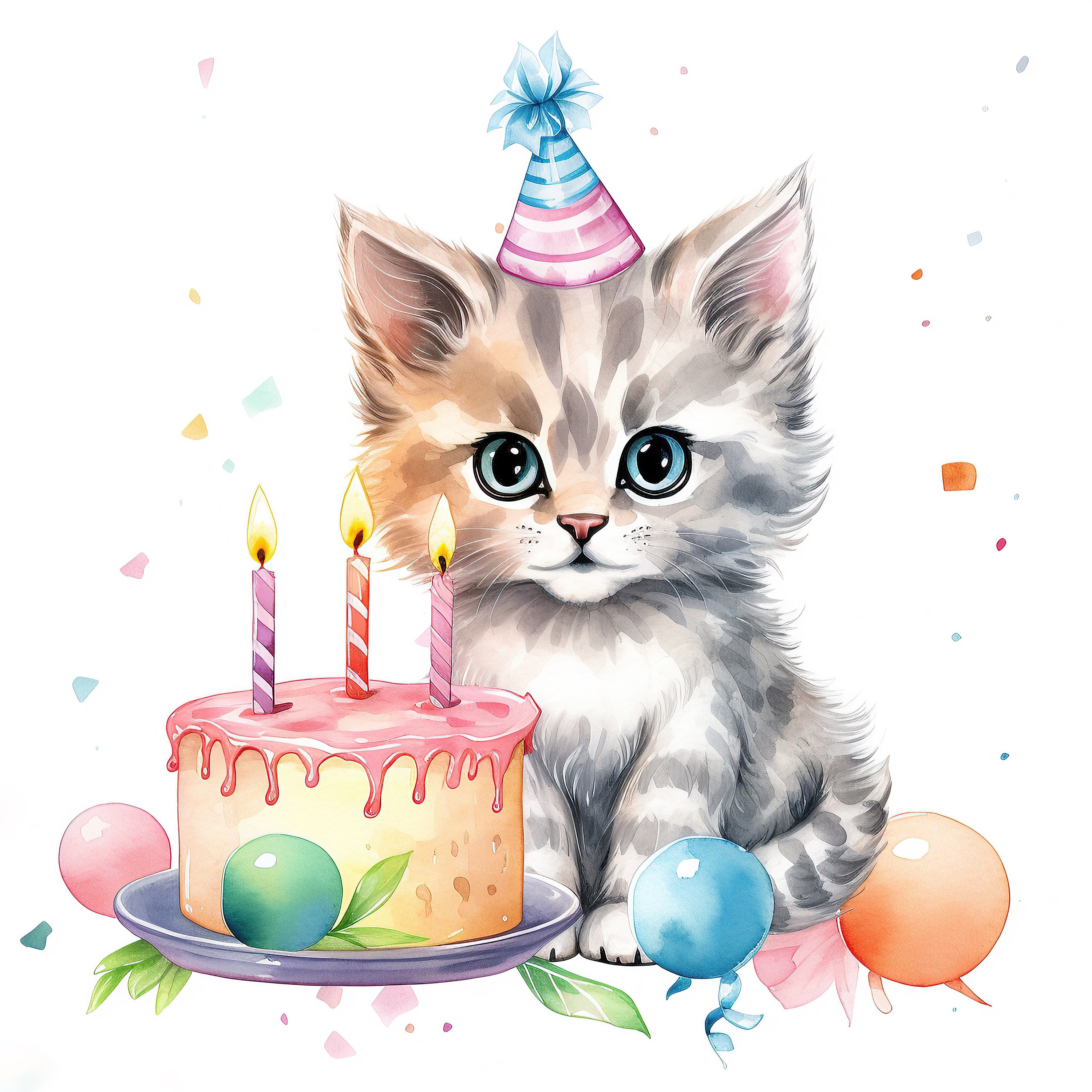 Cat Birthday Clipart, Kitten Birthday, 10 High Quality Jpgs, Watercolor ...