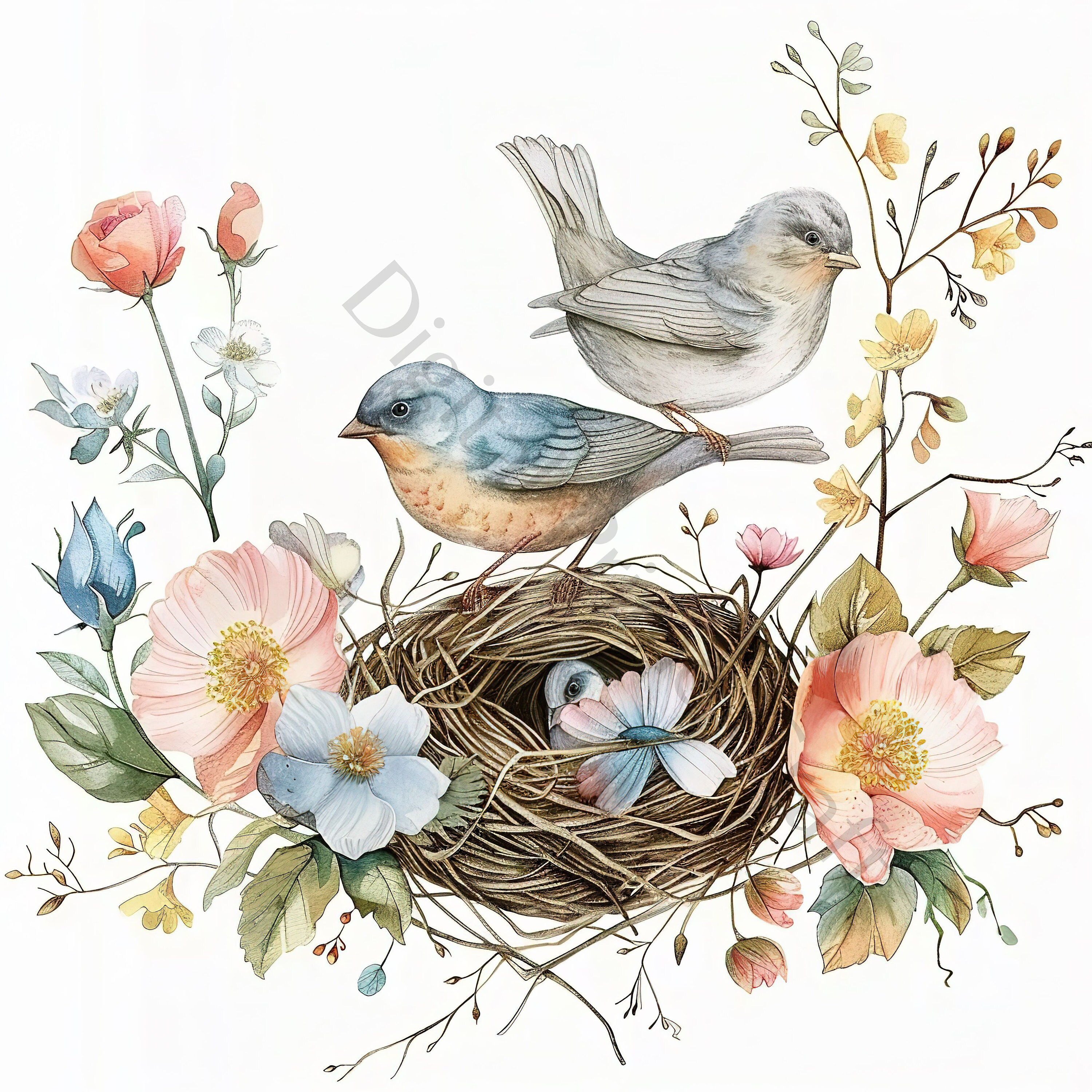 15 Floral Bird Nest Clipart, Watercolor Floral Birds, High Quality Jpgs ...