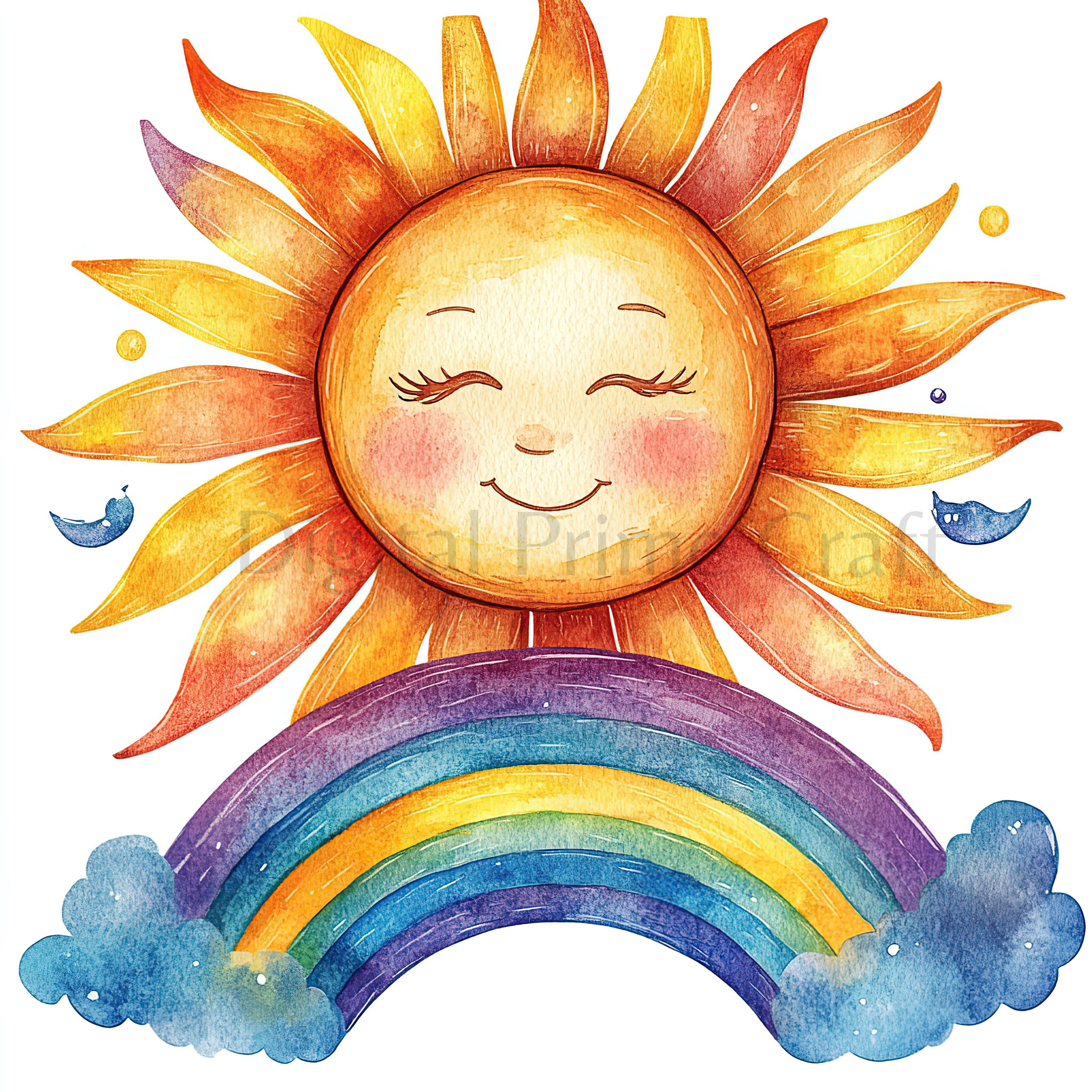 10 Watercolor Sun and Rainbow, Sun Clipart, Nursery Decor, High Quality ...