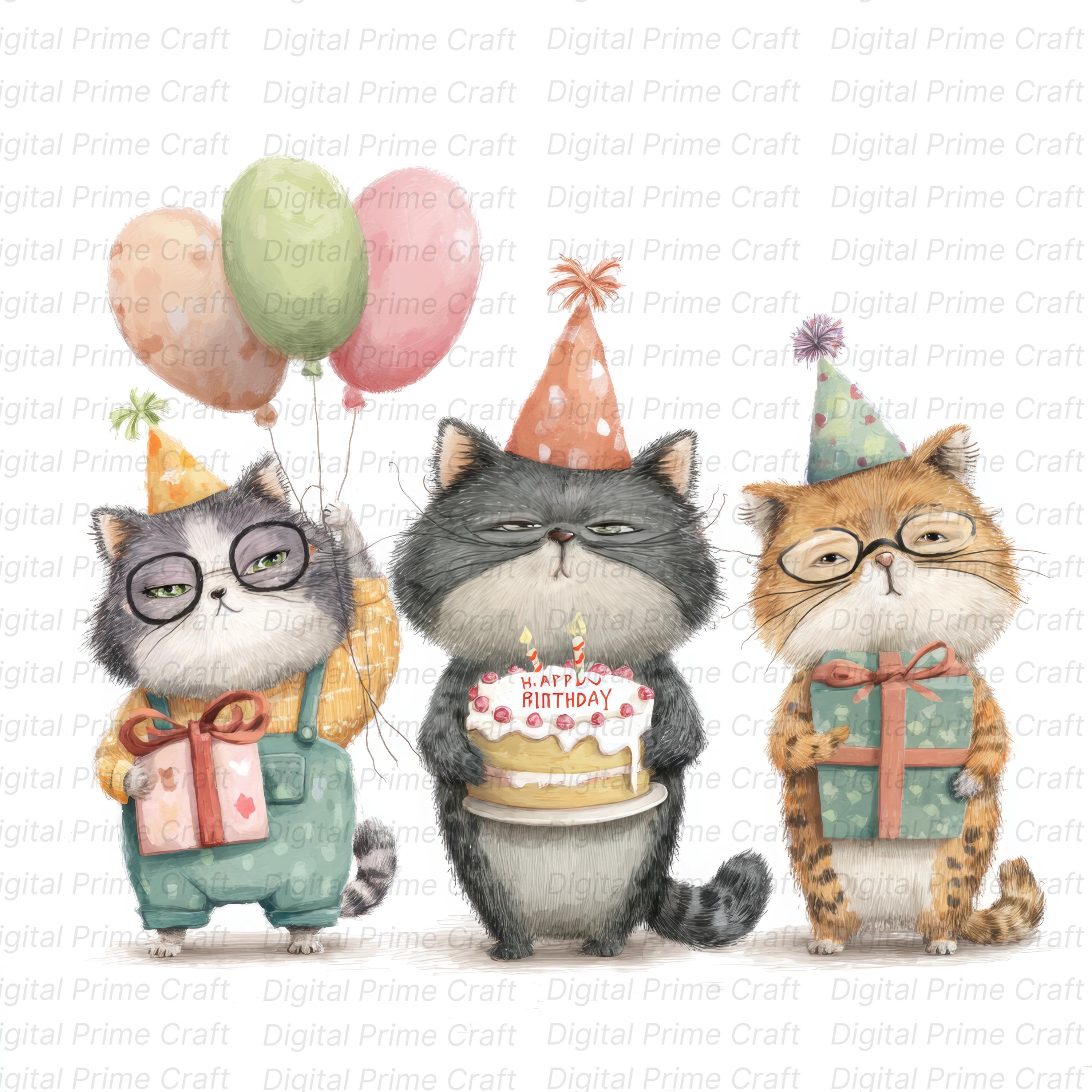 12 Cat Birthday Clipart, Kitten Birthday, High Quality Jpgs, Watercolor ...