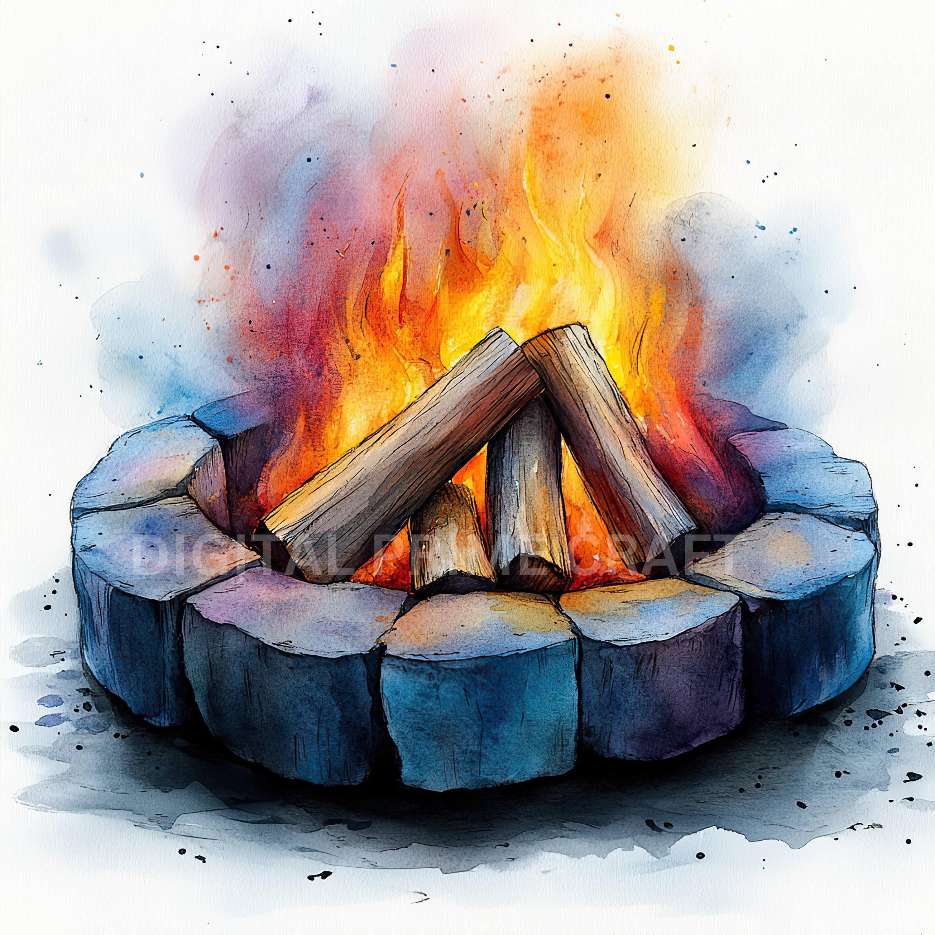 10 Firepit Clipart, Bonfire Campfire Firewood, JPG Files, Watercolor ...