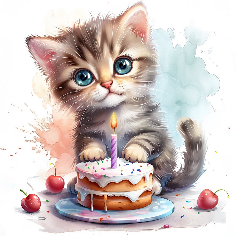 Cat Birthday Clipart, Kitten Birthday, 10 High Quality Jpgs, Watercolor ...