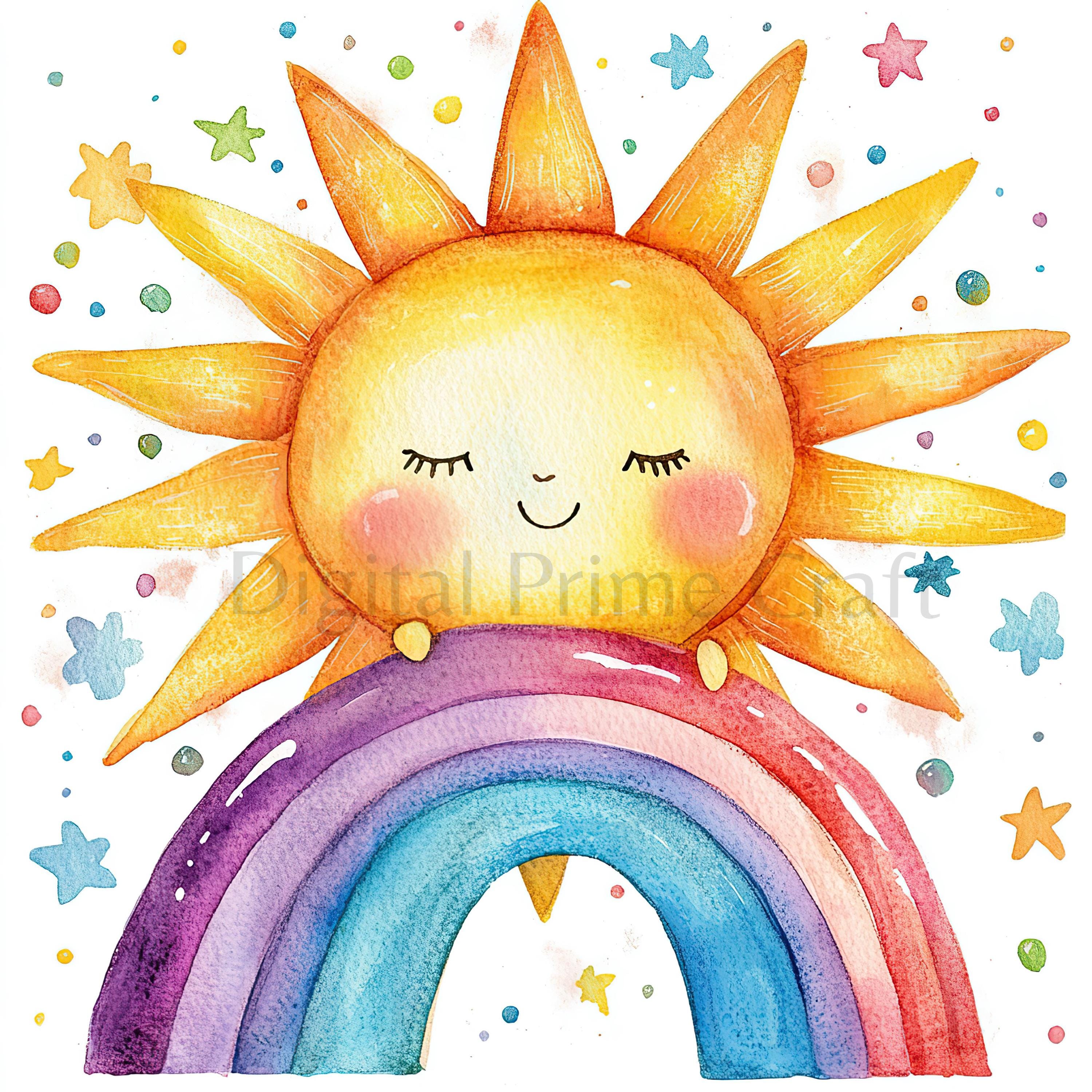 10 Watercolor Sun and Rainbow, Sun Clipart, Nursery Decor, High Quality ...