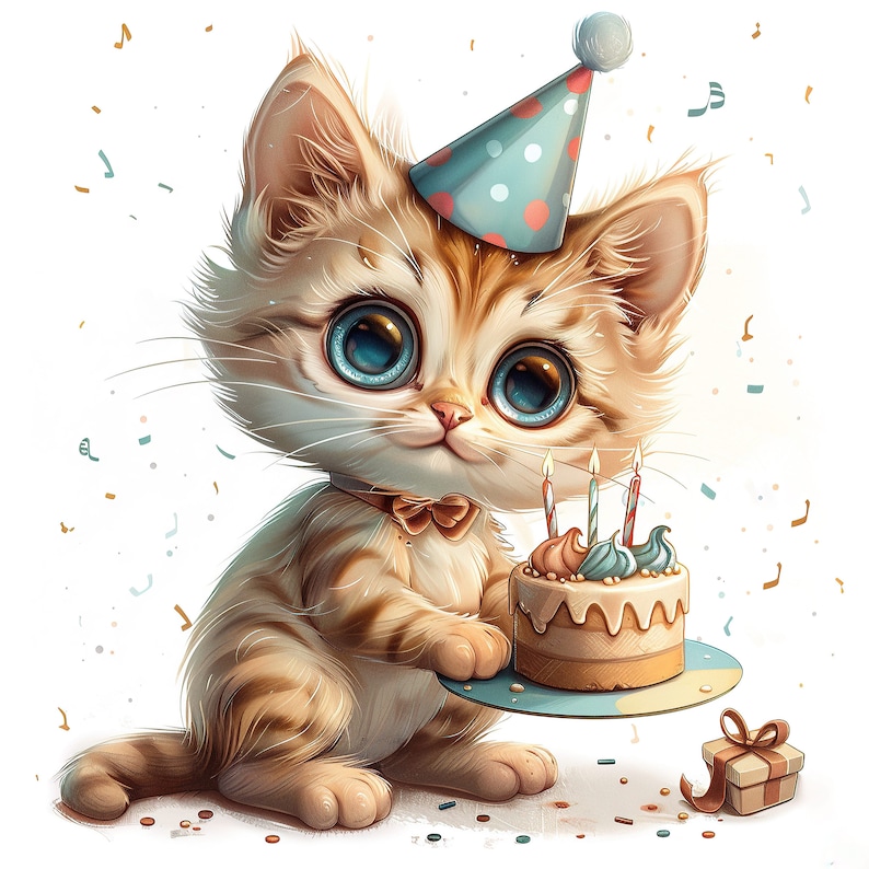 Cat Birthday Clipart, Kitten Birthday, 10 High Quality Jpgs, Watercolor ...