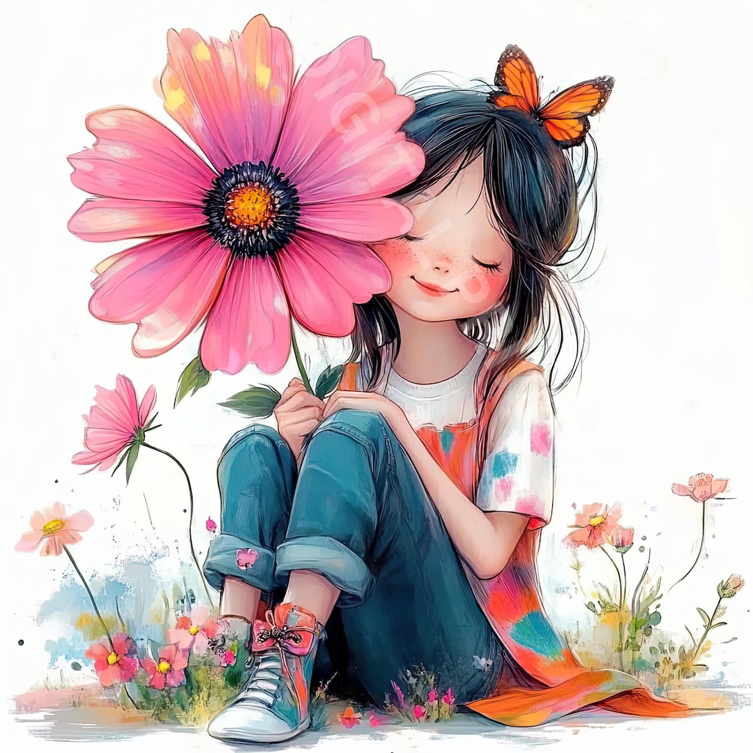 10 Cute Girl With Flower Clipart, Quirky Girl, High Quality Jpgs ...