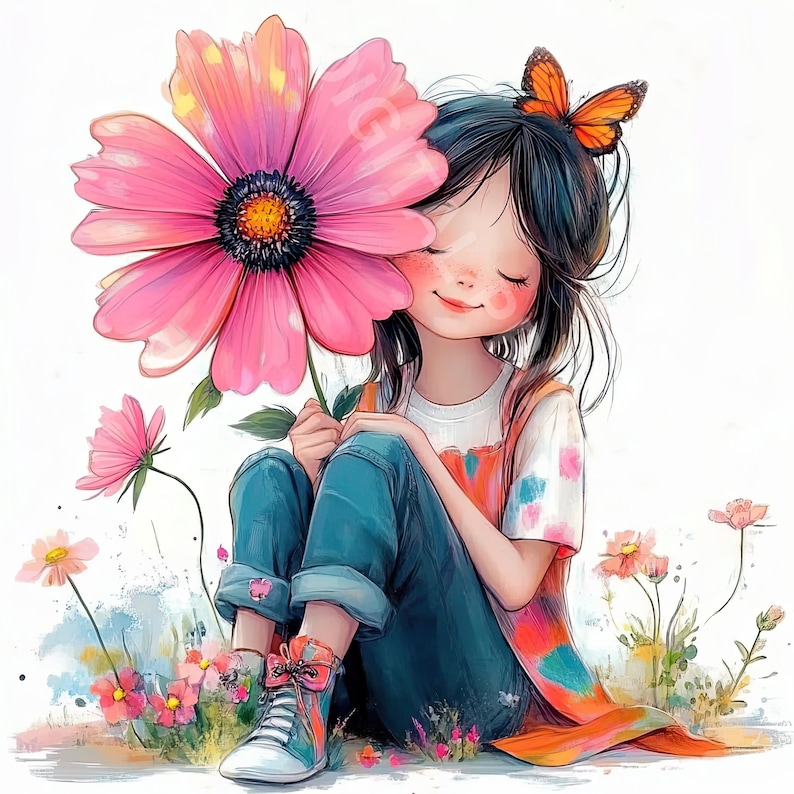 10 Cute Girl With Flower Clipart, Quirky Girl, High Quality Jpgs ...