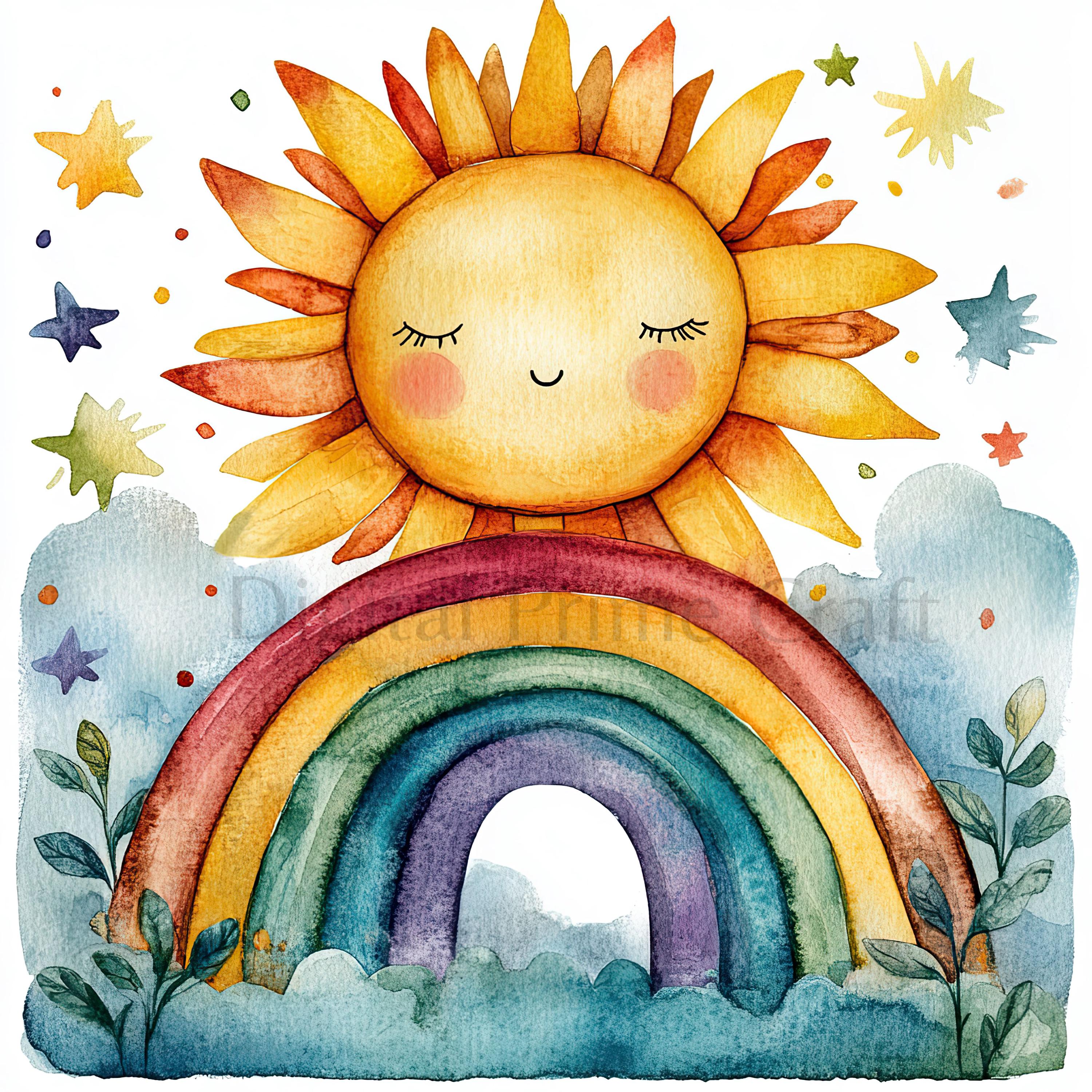 10 Watercolor Sun and Rainbow, Sun Clipart, Nursery Decor, High Quality ...