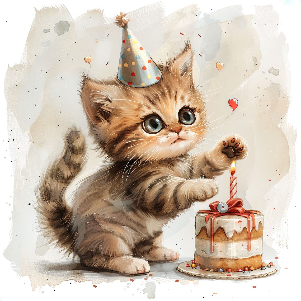 Cat Birthday Clipart, Kitten Birthday, 10 High Quality Jpgs, Watercolor ...