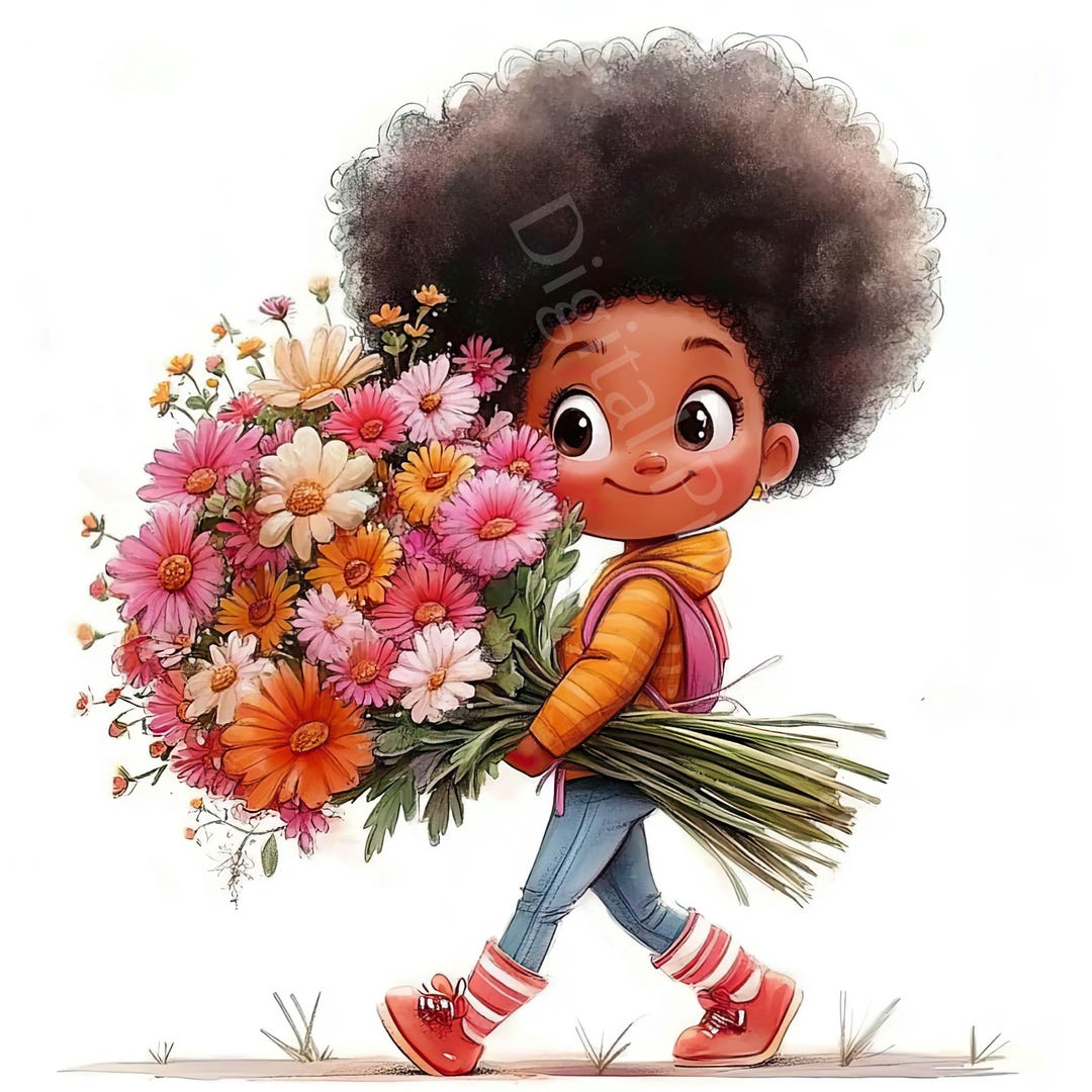 10 Quirky African American Girl With Flowers Clipart, Cute Quirky Girl ...