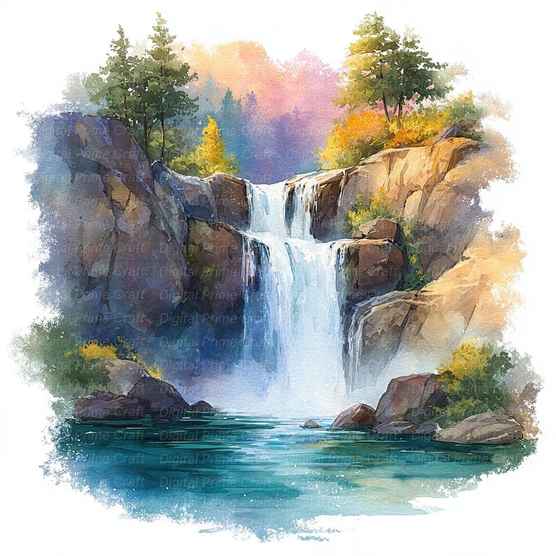 10 Waterfall Clipart, High Quality Jpgs, Digital Download, Watercolor ...