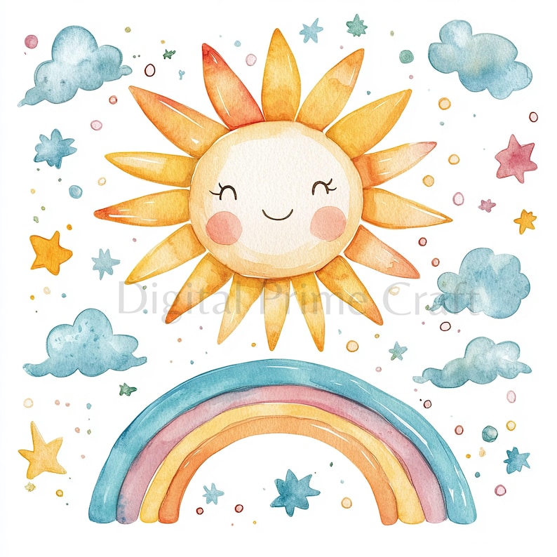 10 Watercolor Sun and Rainbow, Sun Clipart, Nursery Decor, High Quality ...