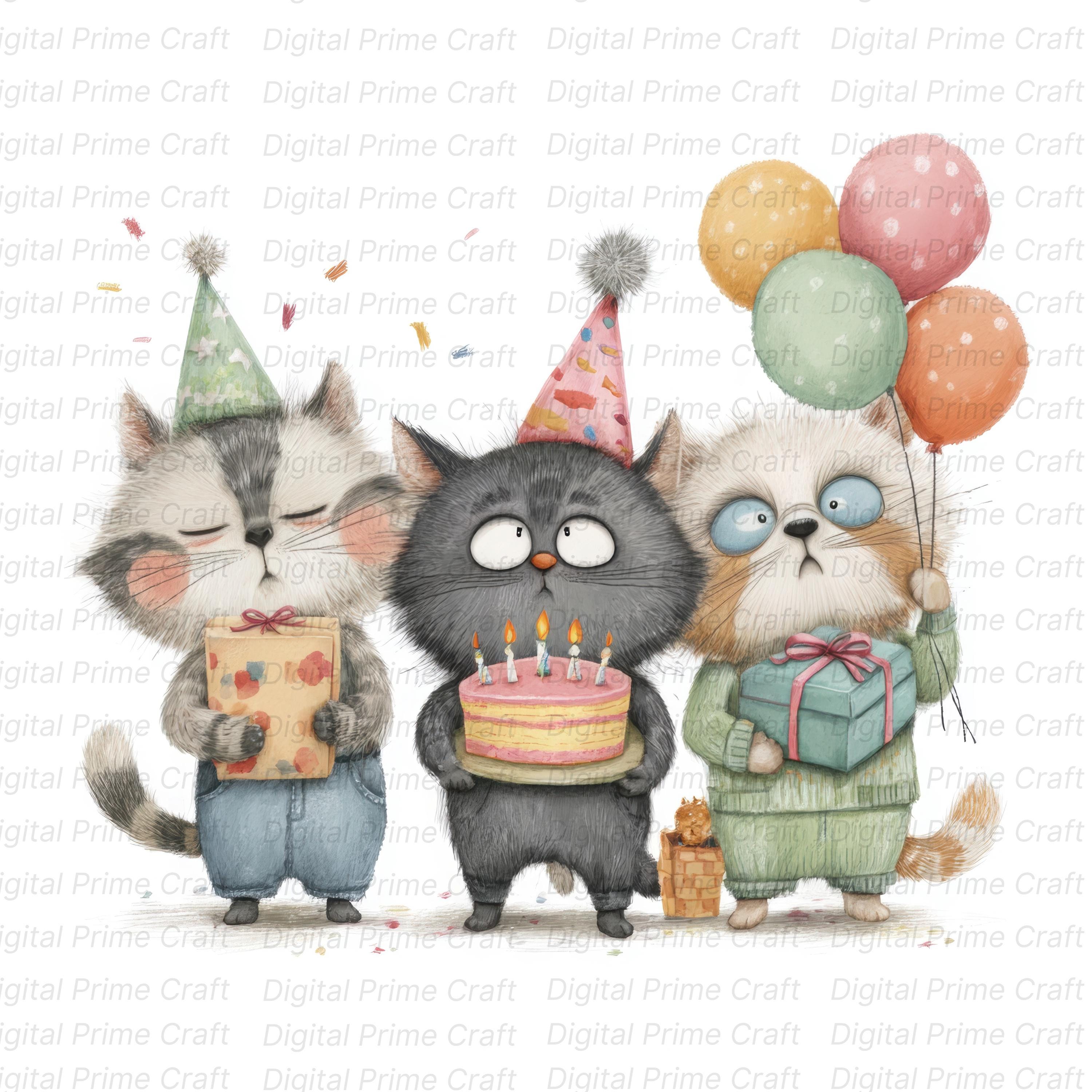 12 Cat Birthday Clipart, Kitten Birthday, High Quality Jpgs, Watercolor ...
