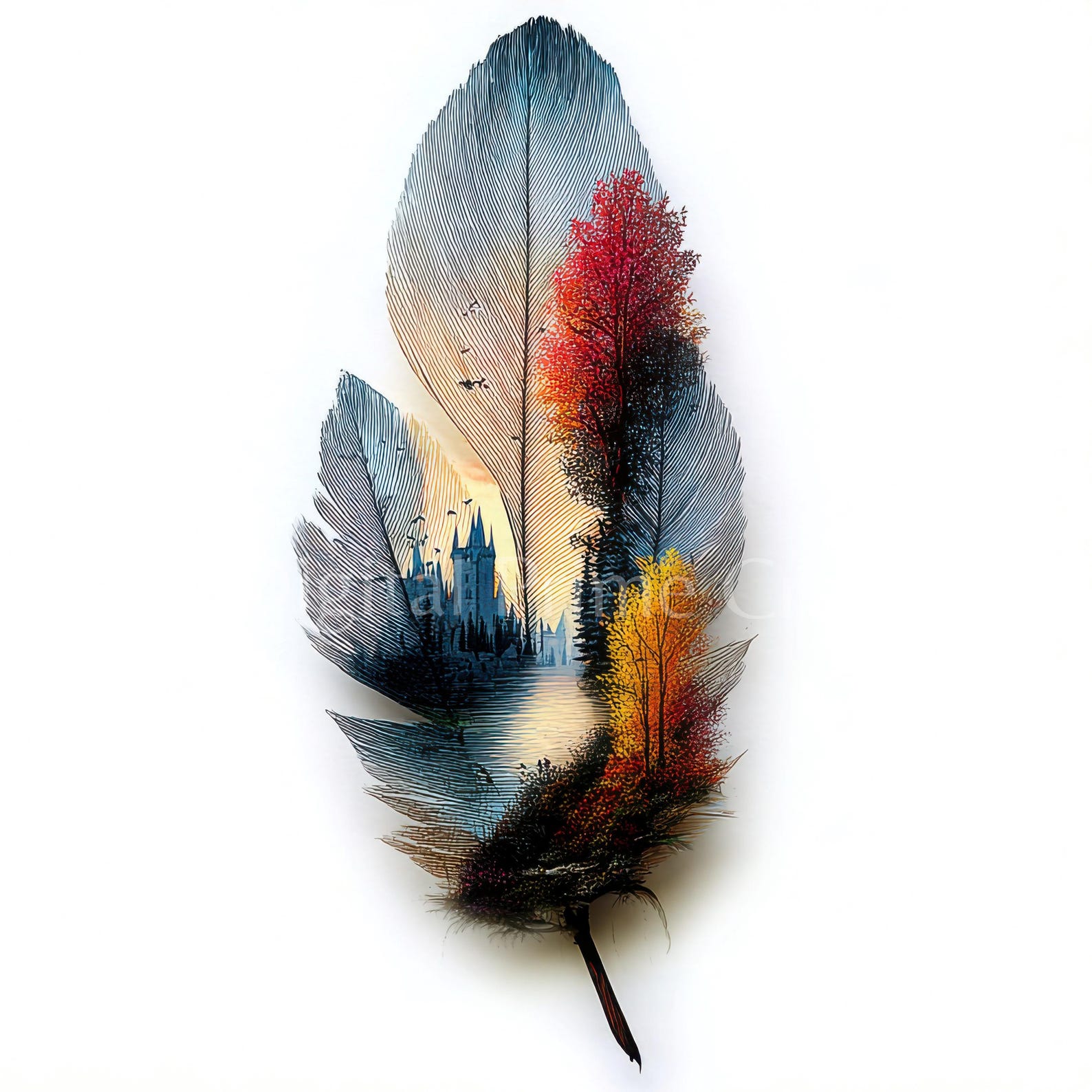10 Feather Landscape Clipart, Whimsical Feather, Watercolor Clipart ...