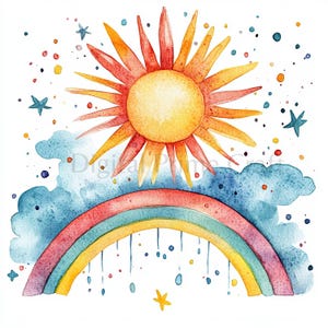 10 Watercolor Sun and Rainbow, Sun Clipart, Nursery Decor, High Quality ...